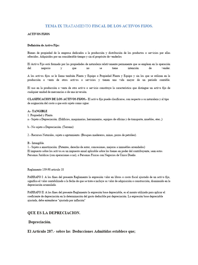Tratamiento Contable de Los Activos Fijos Tema Ix | PDF | Depreciación ...