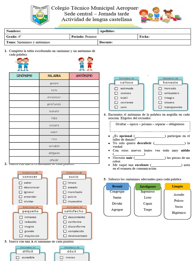 Sinónimos y Antónimos para 4° Grado | PDF