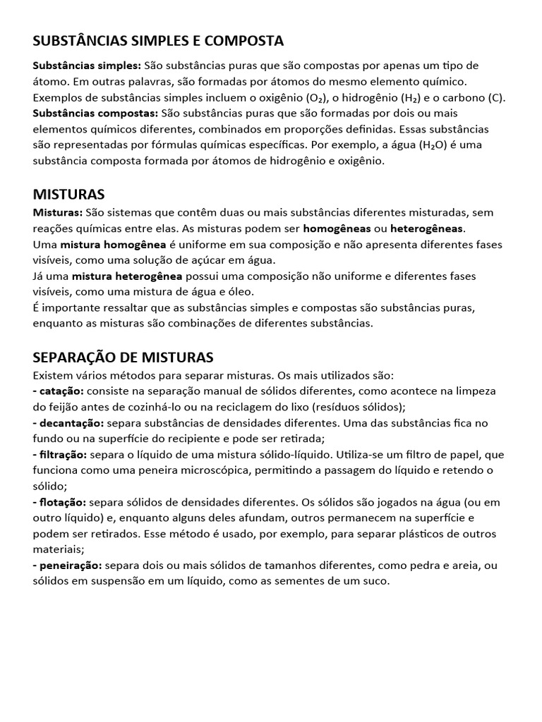 Substâncias Simples e Composta | PDF | Substancias químicas | Mistura