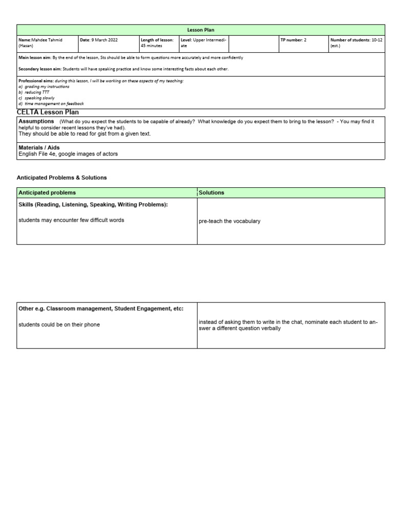 1 Lesson Plan TP2 (Unassessed, For Practice) | PDF | Lesson Plan | Teaching