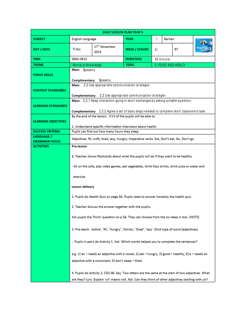 Grade 5 Daily Lesson Plan: Health Focus | PDF | Lesson Plan | Communication