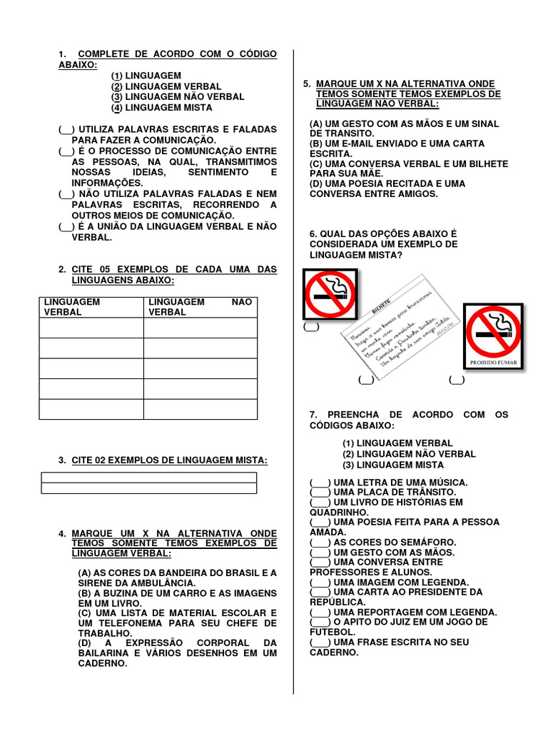 Exercicios Portugues Linguagem Verbal E Nao Verbal Pdf Comunicação