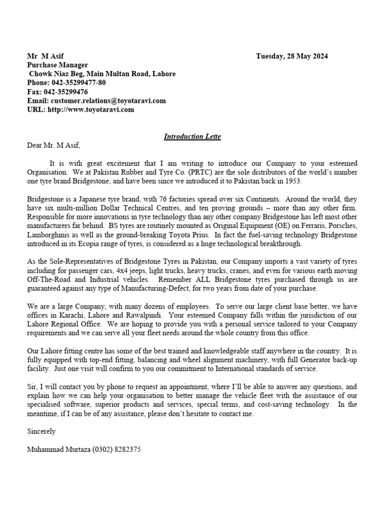 Toyota Ravi Motors Intro Lettre | PDF | Tire | Pakistan