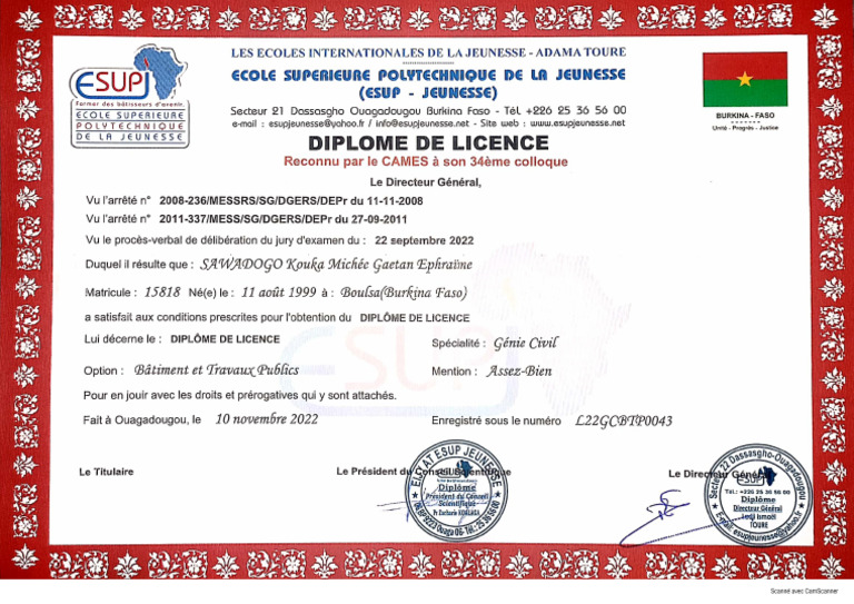 Diplôme de Licence Gaëtan Sawadogo | PDF