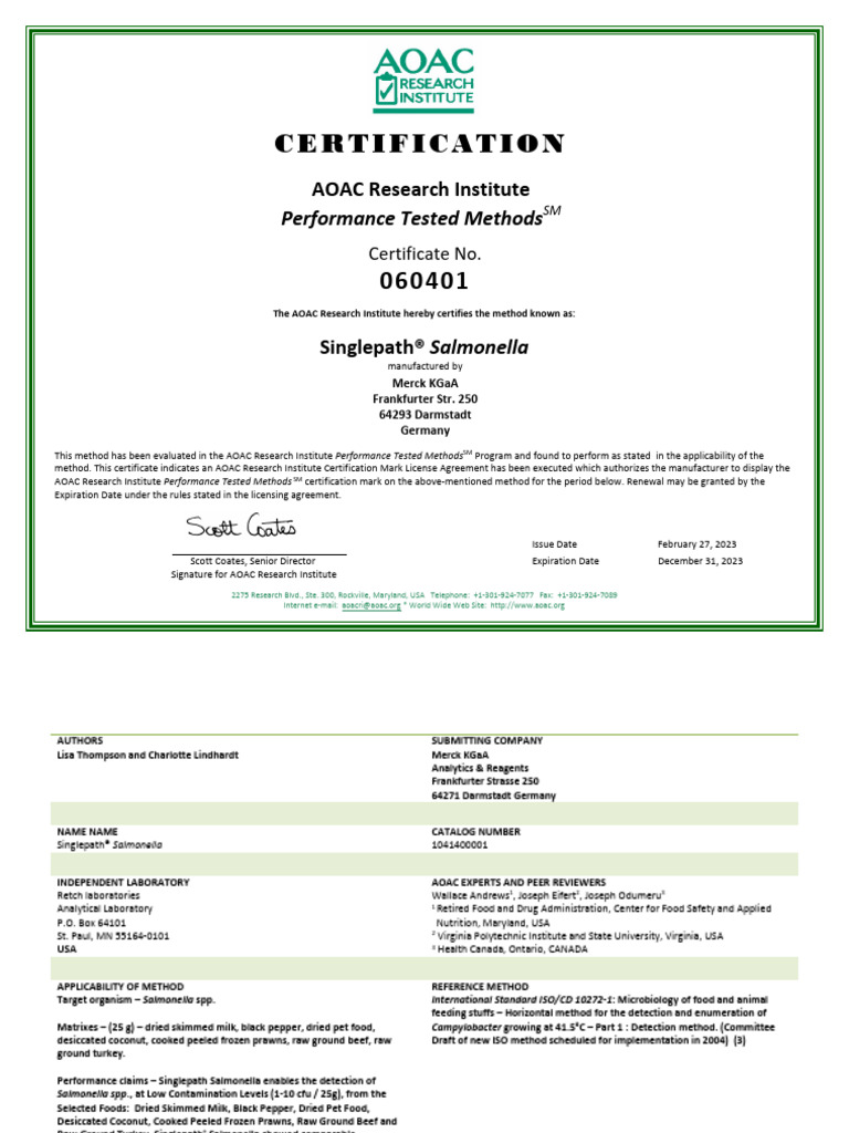 AOAC Certificate 23C - 060401MERS Singlepath Salmonella - AOAC Cert ...