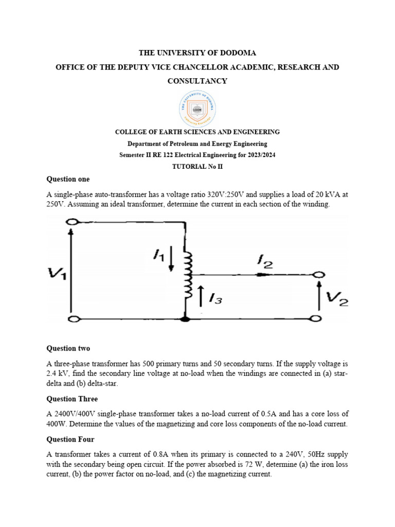 RE 122 EE Tutorial II 2024 QN | PDF | Transformer | Electrical Components
