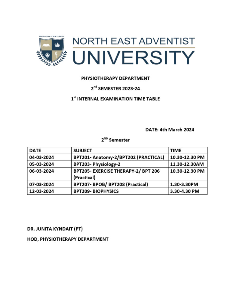 Physiotherapy 1st Internal Exam Timetable | PDF | Medical Specialties ...