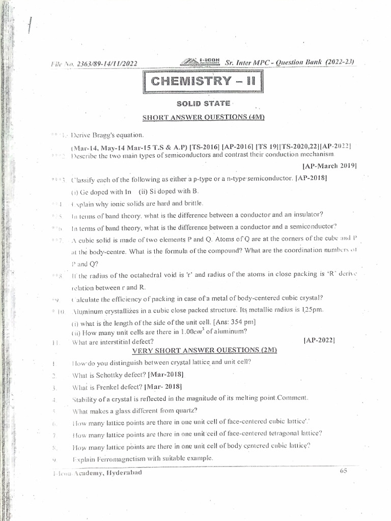Chemistry 2nd Year Imp Questions | PDF