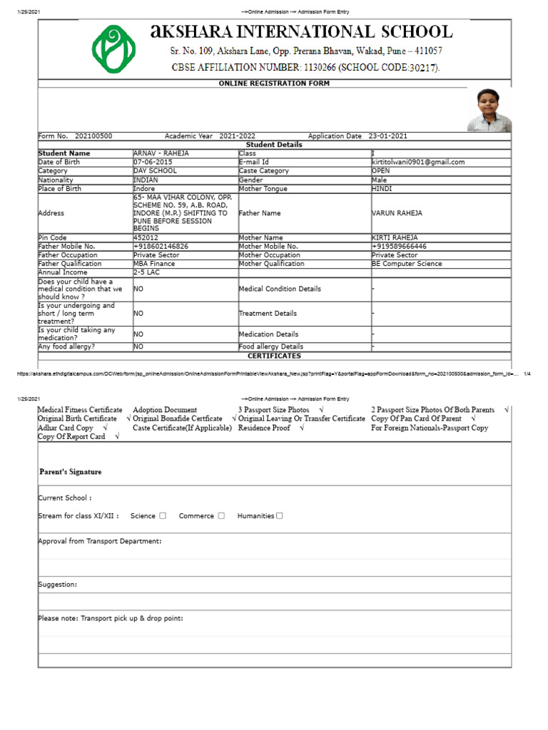 Akshara Admission Form | PDF