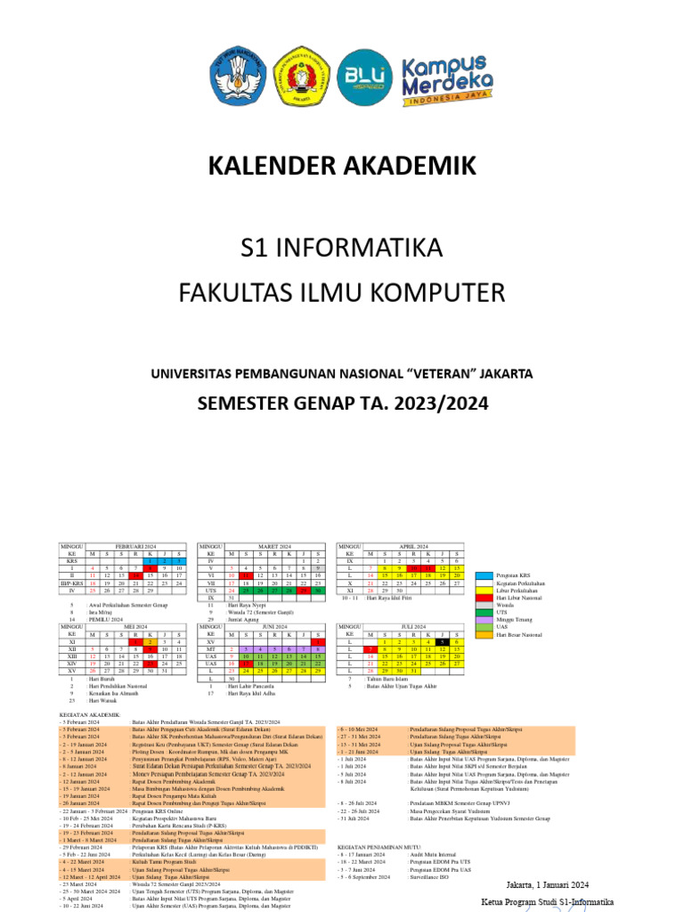 Kalender Akademik Prodi s1 If Semester Genap Ta 2023 2024 1 | PDF