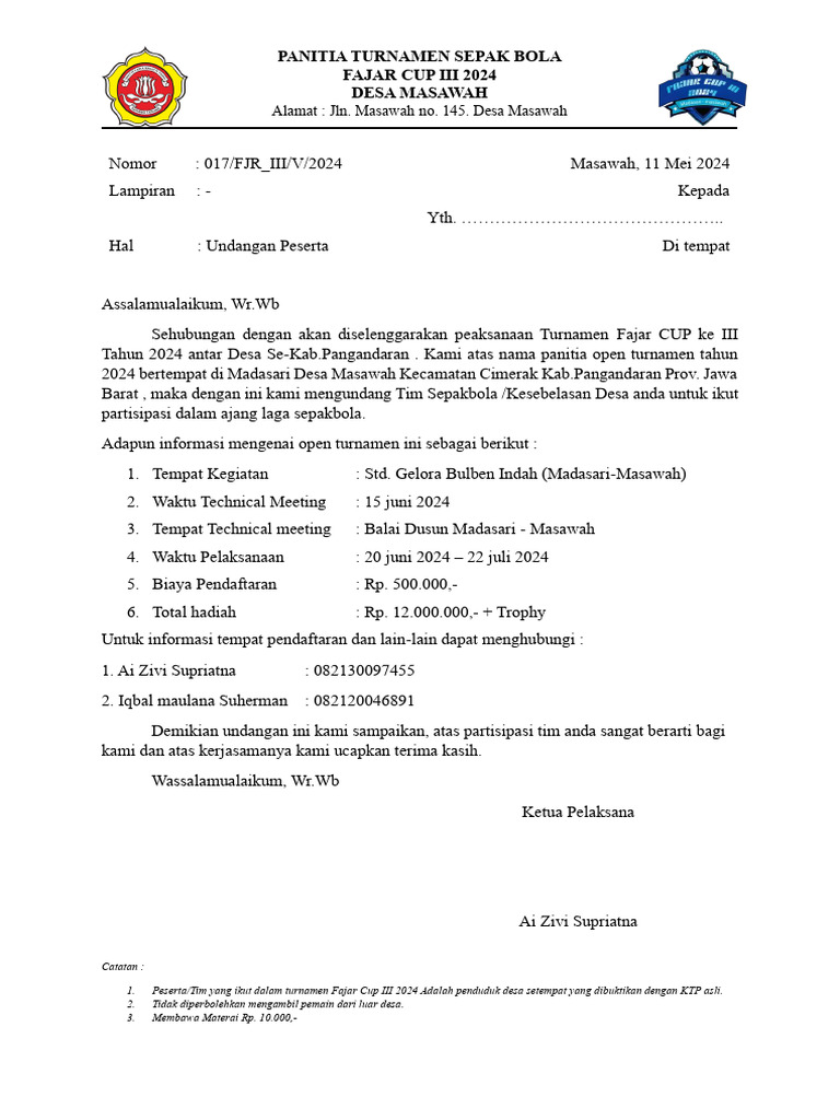 Surat Undangan Peserta Fajar Cup 2024 | PDF