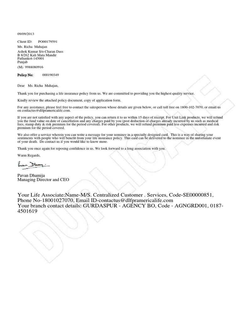 NB Outbound Policy 00190349 | PDF | Insurance | Service Industries