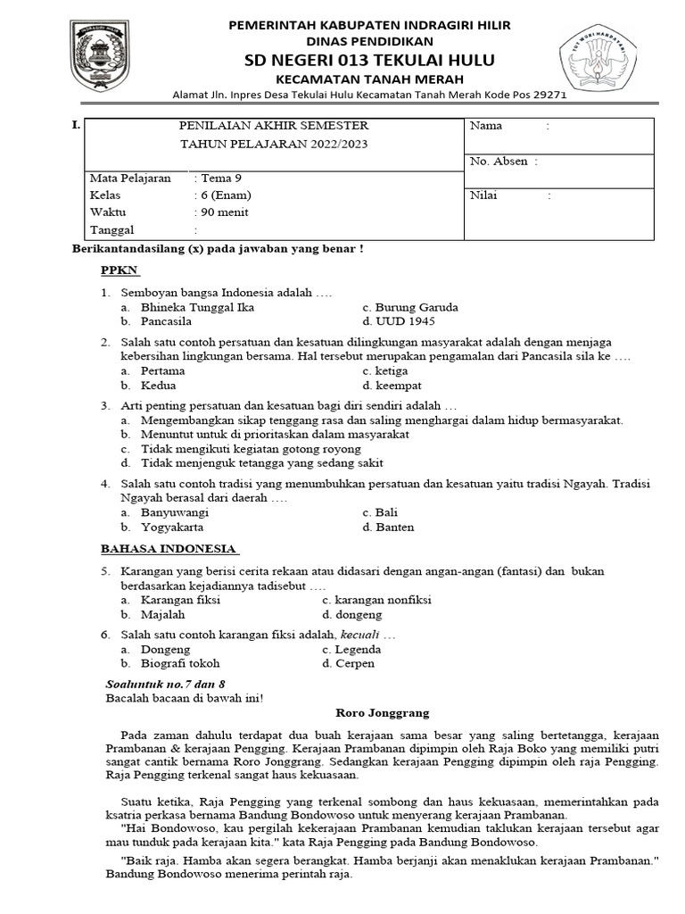 Soal Pas Kelas 6 Tema 9 | PDF