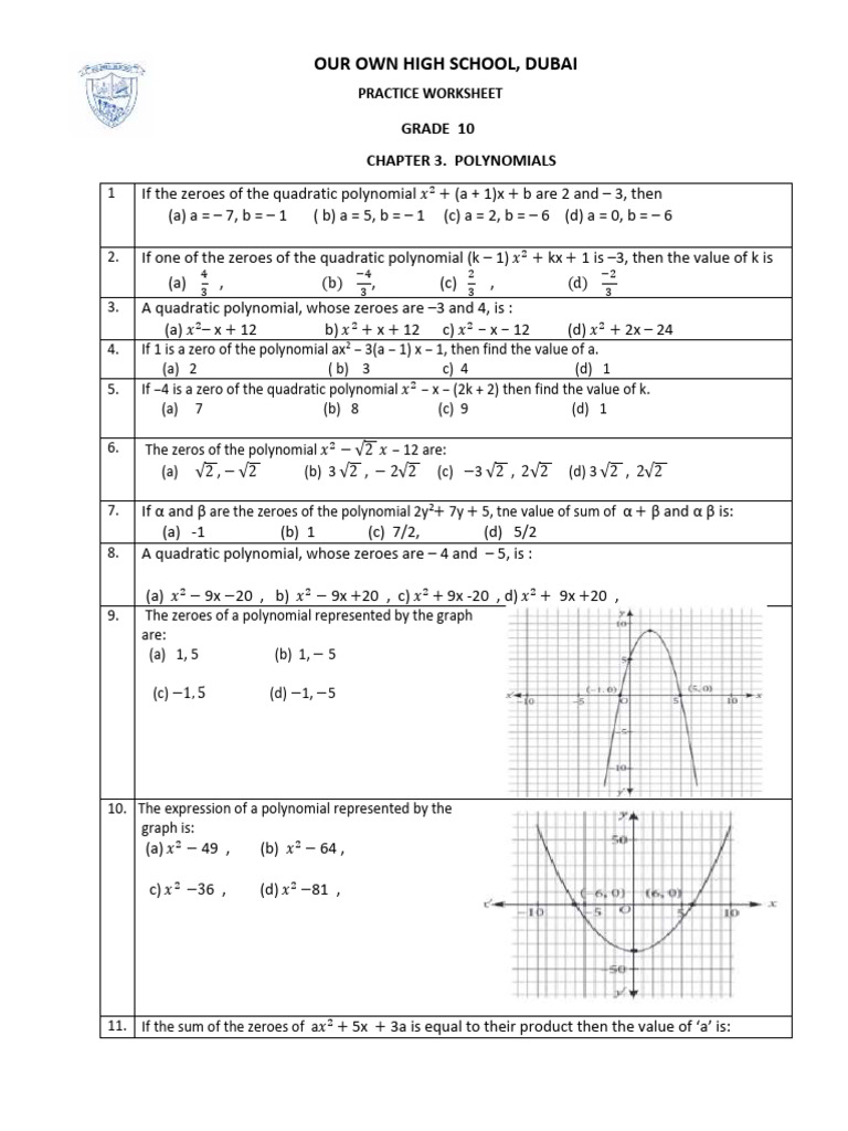 Chapter Wise Work Sheet - Polynomials | PDF | Zero Of A Function | Polynomial