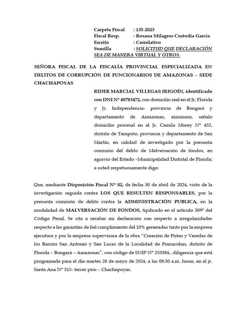 Rider Marcial - Solicito Declaracion de Manera Virtual | PDF | Fiscal | Justicia