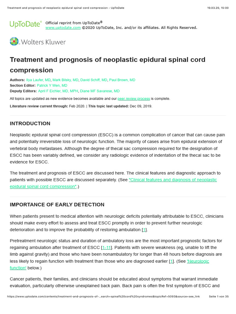 Treatment and Prognosis of Neoplastic Epidural Spinal Cord Compression ...