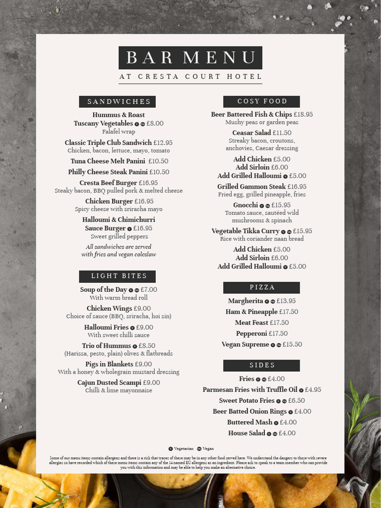 Cresta Court Hotel Altrincham Bar Menu | PDF | Hamburgers | French Fries