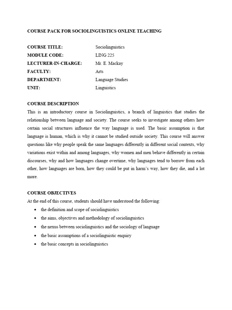 Sociolinguistics Course Pack 2024 | PDF | Multilingualism | Dialect
