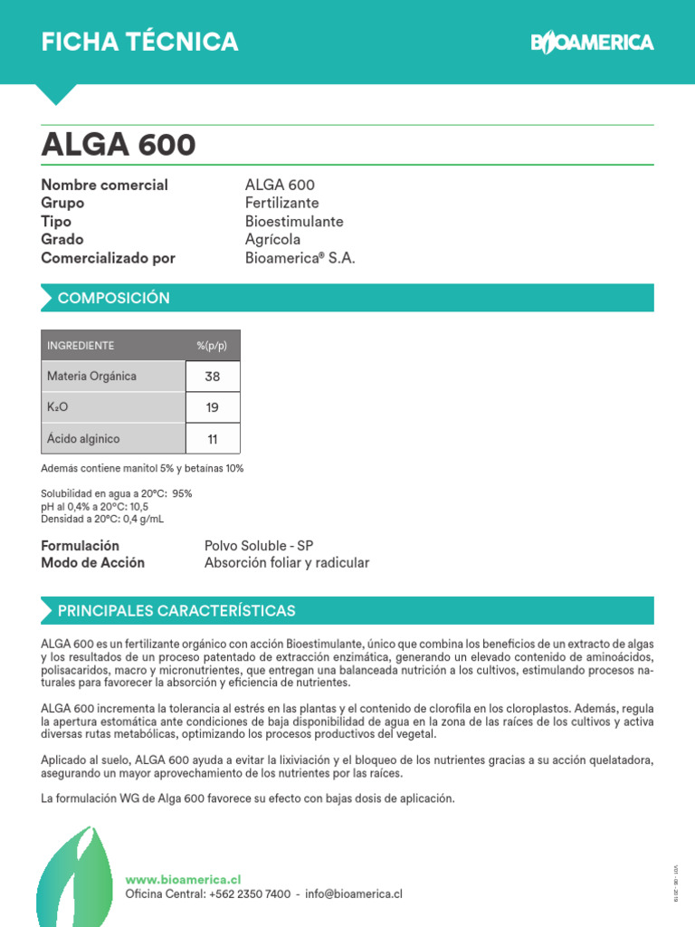 Ficha Técnica de Alga 600 | PDF | Algas | Fertilizante