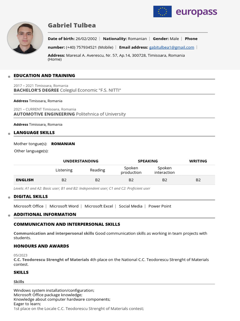 Gabriel Tulbea: Automotive Engineering Student Profile | PDF