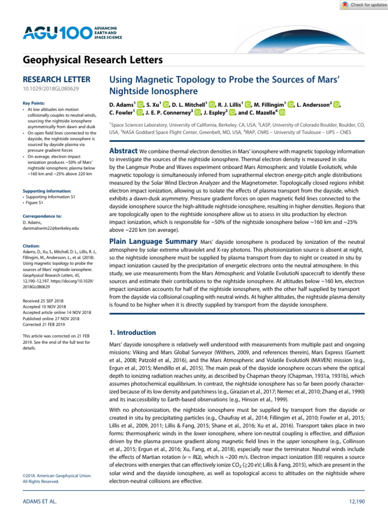Mars Nightside Ionosphere Sources Analysis | PDF | Ionosphere | Mars