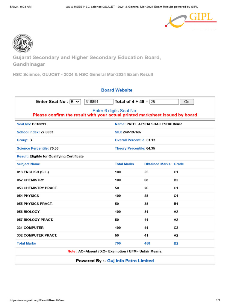 GS & HSEB HSC Science, GUJCET - 2024 & General Mar-2024 Exam Results Powered by GIPL | Download ...
