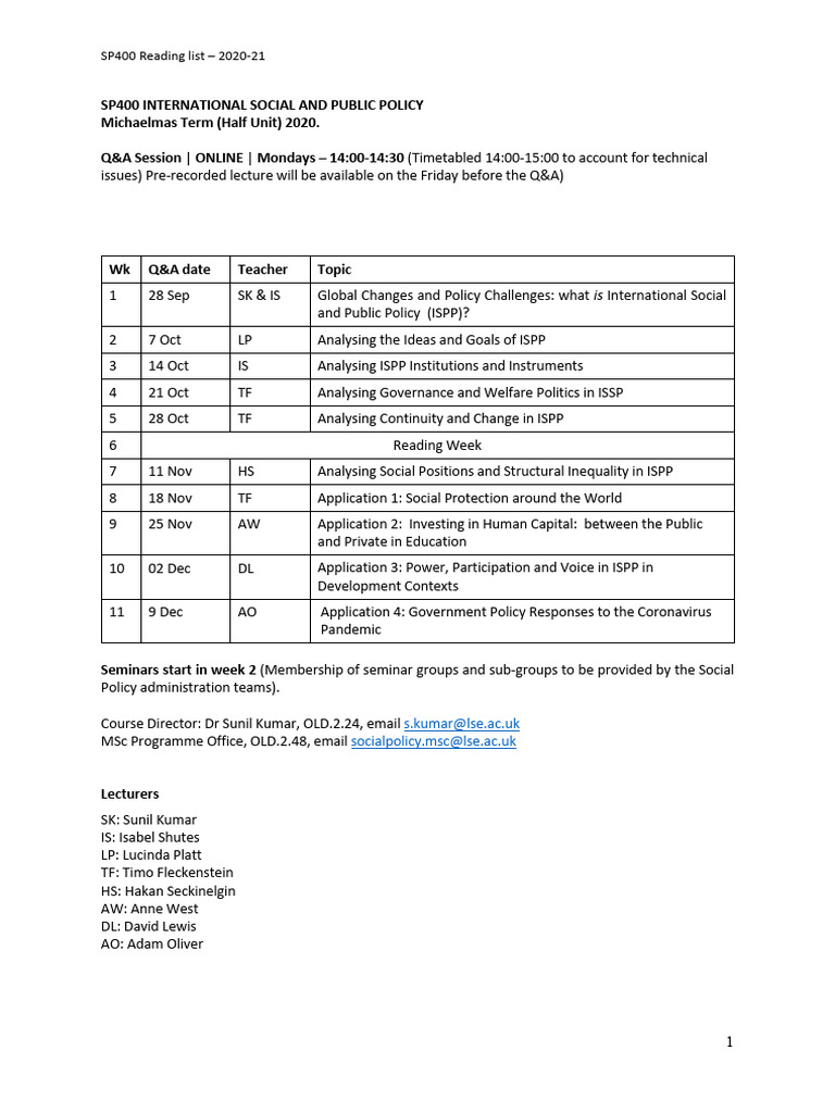 SP400 Reading List (2020-21) | PDF | Intersectionality | Economic Inequality