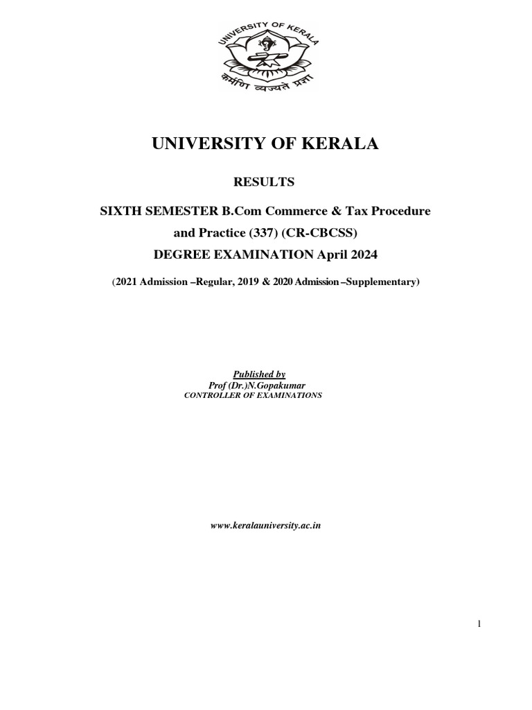 University of Kerala: Results and Practice (337) (CR-CBCSS) Degree Examination April 2024 ...