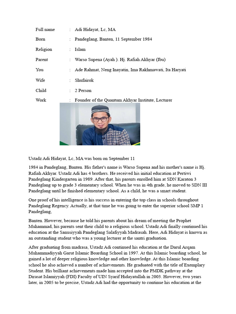 Biografi Ustadz Adi Hidayat Pdf Sheikh Ulama