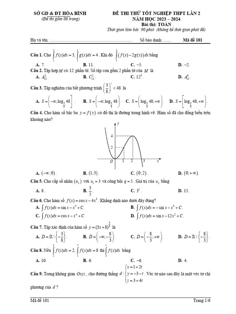 De Thi Thu Tot Nghiep Thpt 2024 Mon Toan Lan 2 So Gddt Hoa Binh | PDF