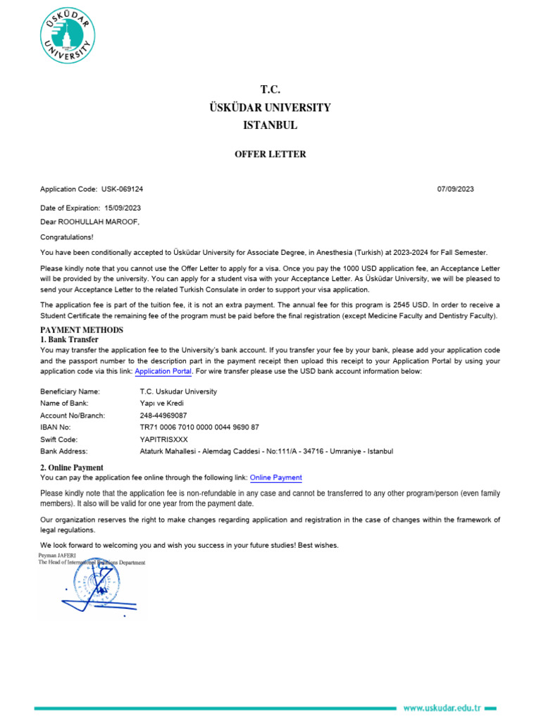 Roohullah Maroof-Offer Letter | PDF | Fee | Wire Transfer