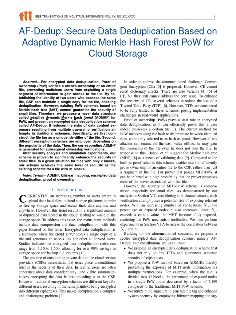 AF-DedupSecure Data Deduplication Based On Adaptive Dynamic Merkle Hash Forest PoW For Cloud ...