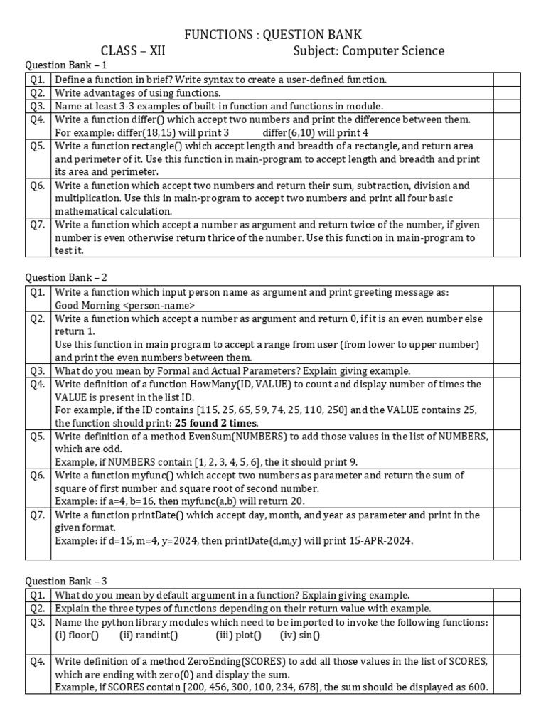 Computer Science Functions Question Bank | PDF | Python (Programming ...