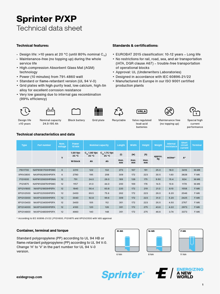 Sprinter P/XP Battery Specs | PDF | Electricity | Galvanic Cells