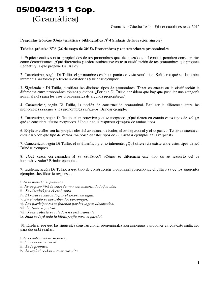 TeÃ Rico-Prã¡ctico 6 Preguntas Teã Ricas Sintaxis de La Oraciã N Simple 2015 | PDF | Pronombre ...