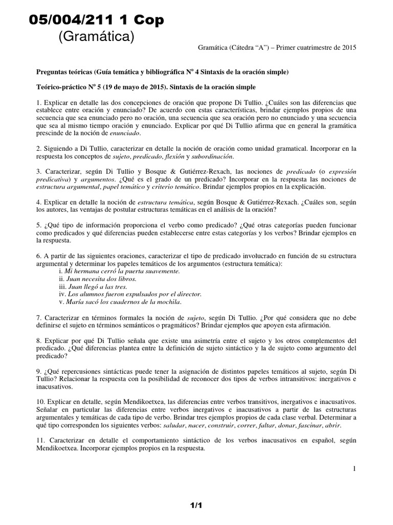 TeÃ Rico-Prã¡ctico 5 Sintaxis de La Oraciã N Simple Preguntas | PDF | Oración (Lingüística ...