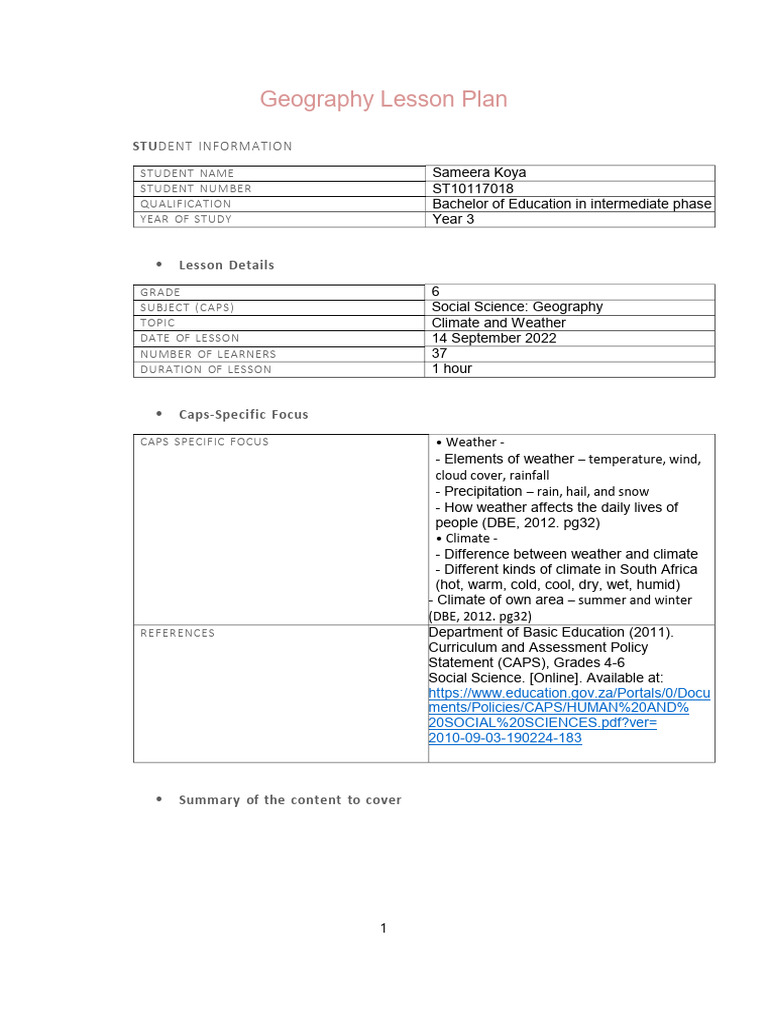 Climate and Weather Lesson Plan | PDF | Learning | Instructional Design