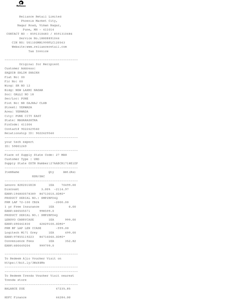 Invoice Copy Lenovo Ipg3 Laptop | PDF | Coupon | Government Finances