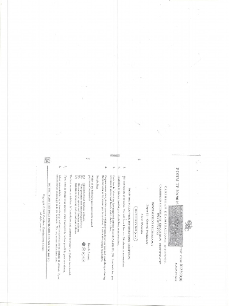 CSEC IT January 2019 Paper 1 Multiple Choice Solutions | PDF