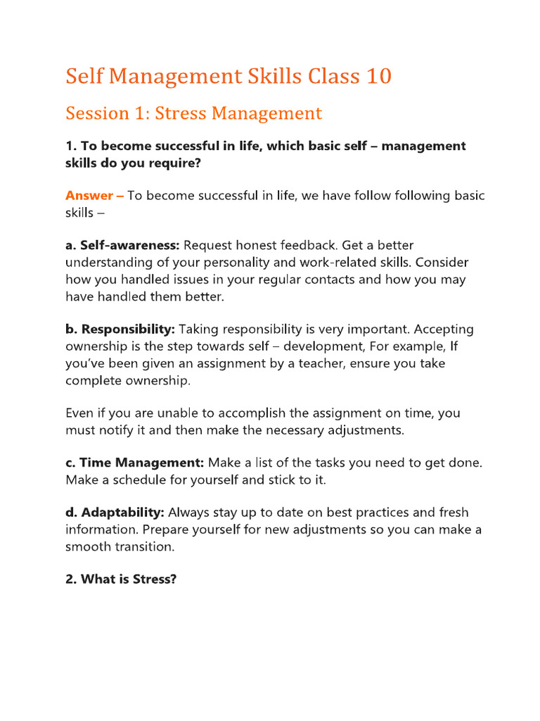 Self Management Skills Class 10 | PDF