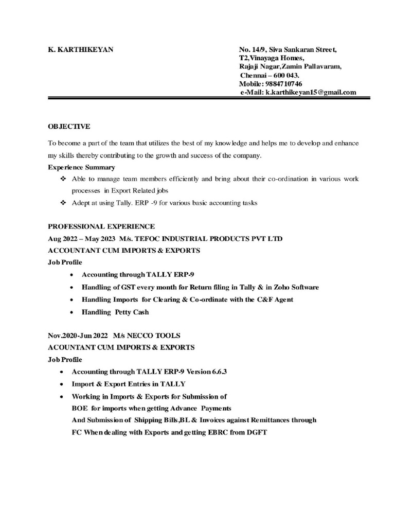 Updated Resume of Karthikeyan Dated 22.03.2024 | PDF