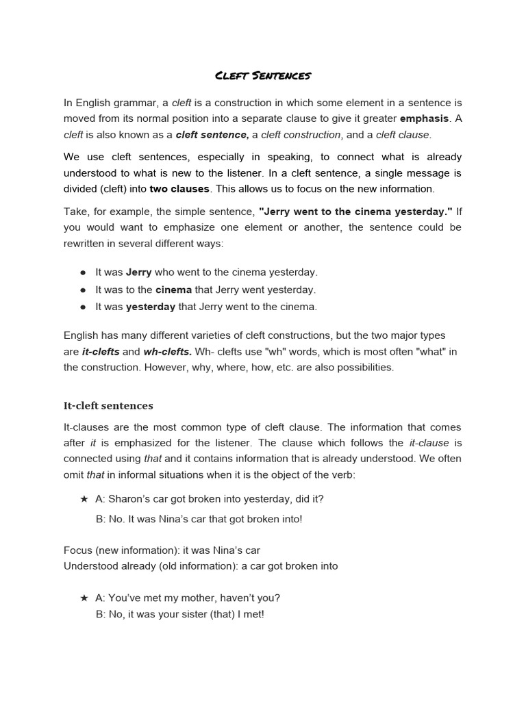 Cleft Sentences 2023 | Download Free PDF | Clause | Sentence (Linguistics)