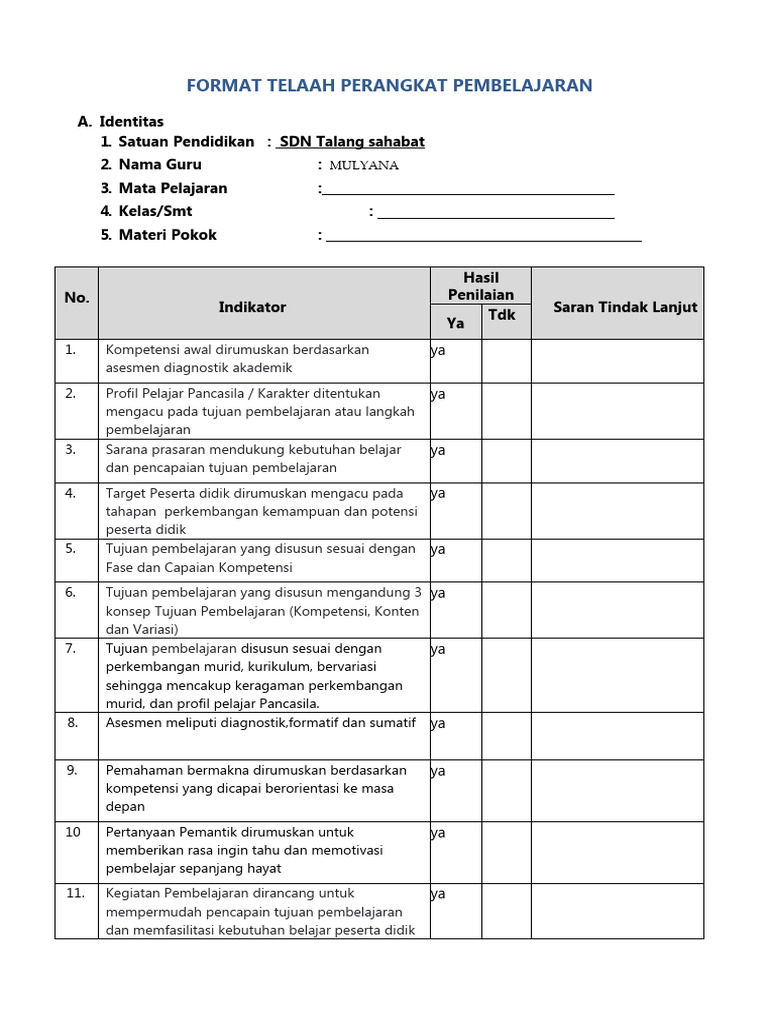 Format Telaah Perangkat Modul Ajar | PDF