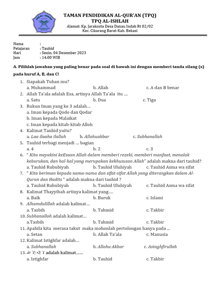 Ulangan TPQ Kelas Sore | PDF