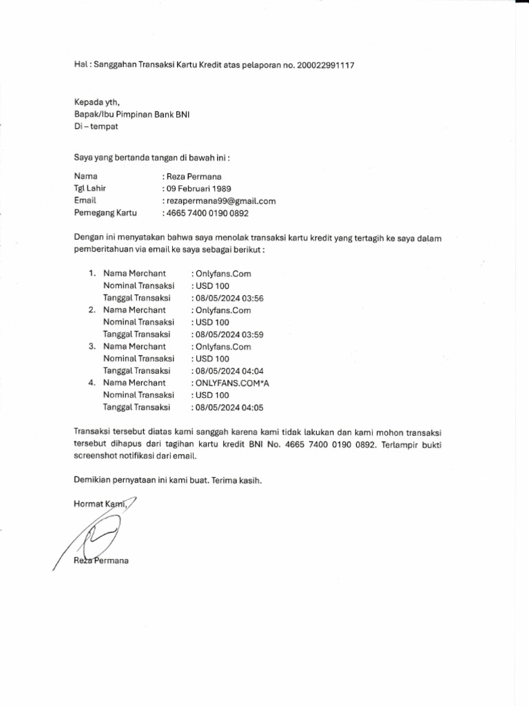 Sanggahan Transaksi Kartu Kredit BNI | PDF