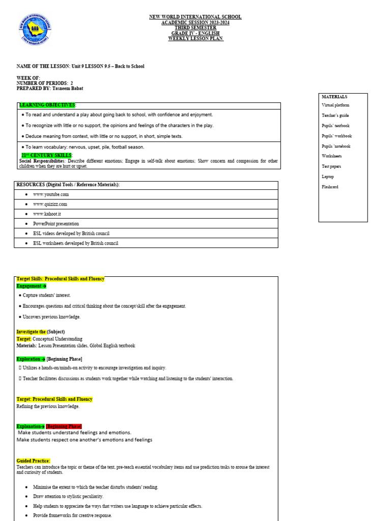 Lesson Plan GR4 L9.5 (2) | Download Free PDF | Lesson Plan | Emotions