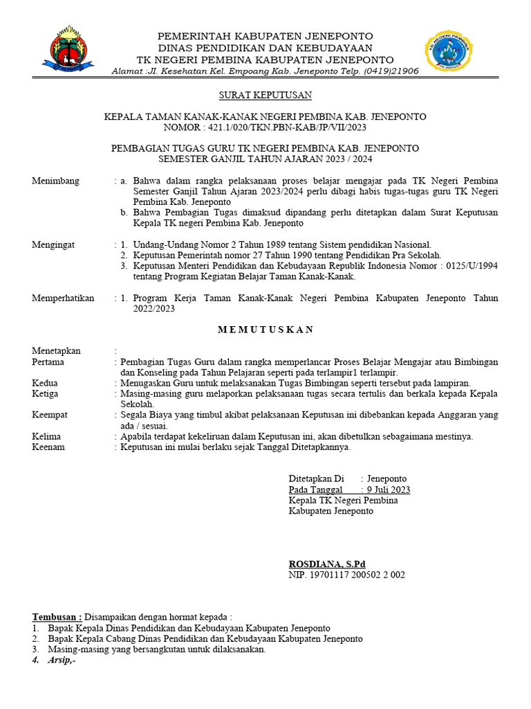 SK Pembagian Tugas Semester Ganjil 2023-2024 | PDF