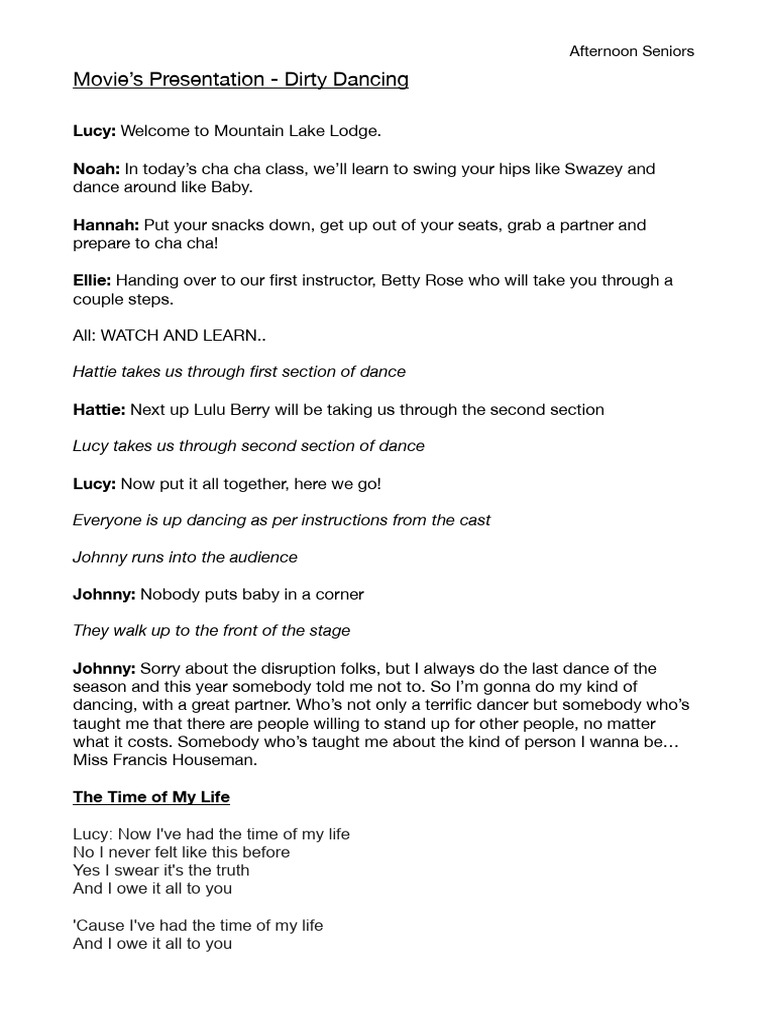 Dirty Dancing Concept Script and Lyrics | PDF