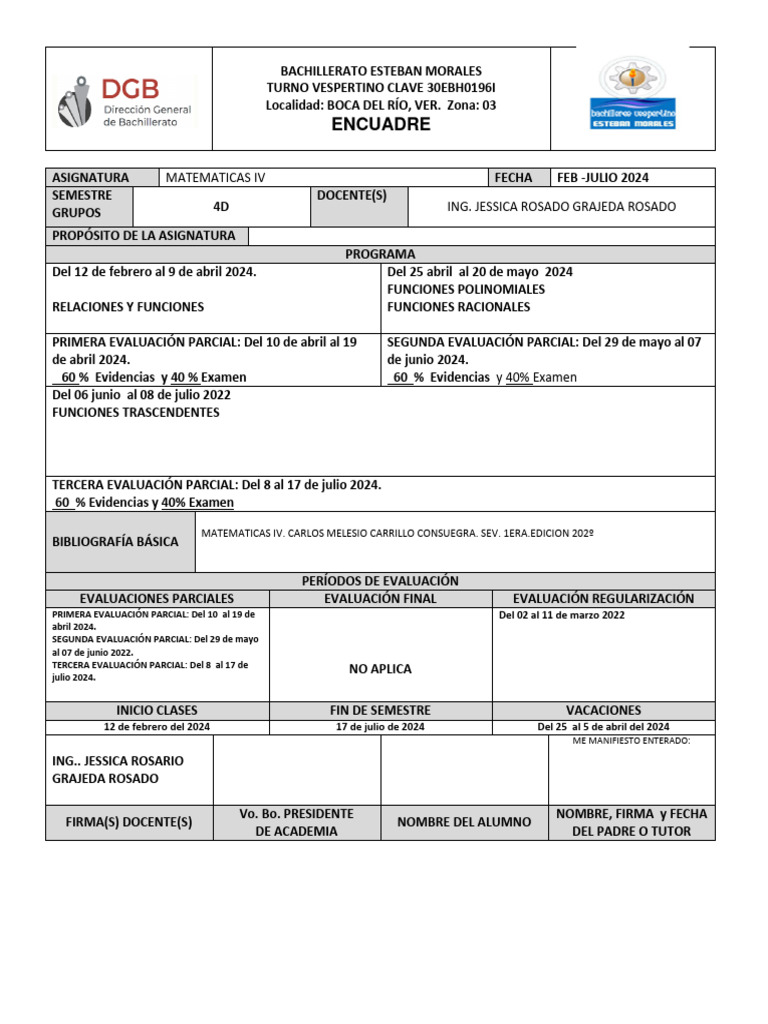 Formato Encuadre Matematicas Iv | PDF