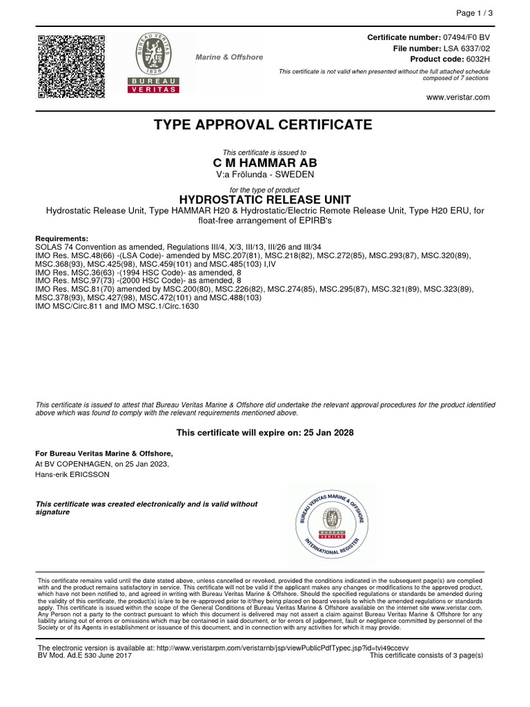 Hammar H20 Hydrostatic Release Unit Certificate | PDF
